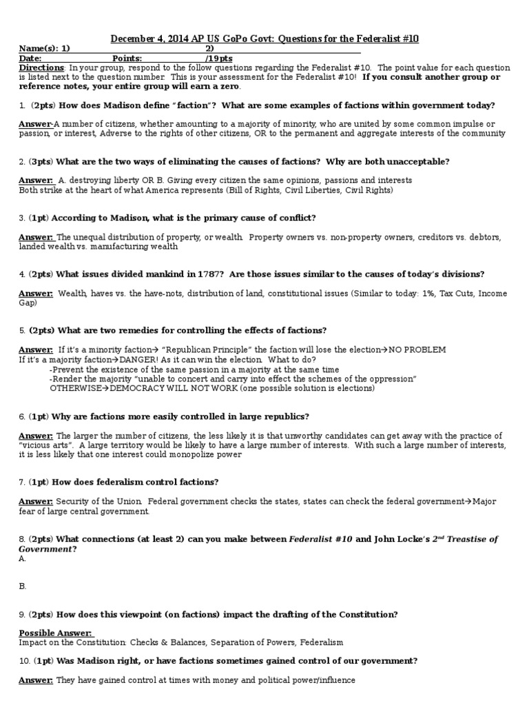 Federalist 10 Questions | PDF | Federalism | The Federalist Papers