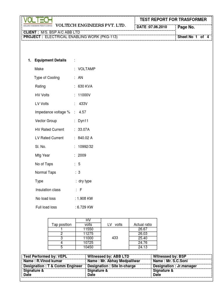 Transformer Test Report Summary | PDF | Computers