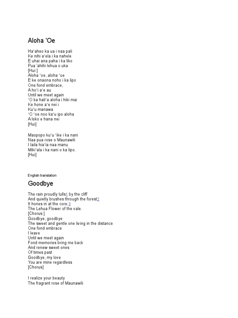 Aloha 'Oe: English Translation | PDF | Poetry