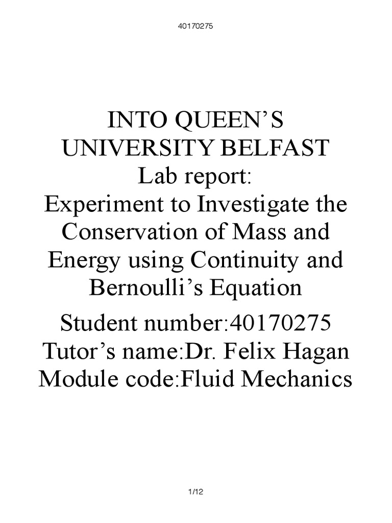 Bernoullis Equation Lab Report | PDF | Fluid Dynamics | Pressure
