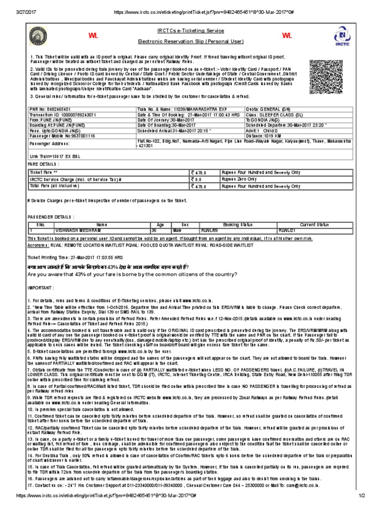WL WL: Irctcs E Ticketing Service Electronic Reservation Slip (Personal ...
