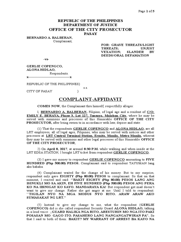 Office of The City Prosecutor: Complaint-Affidavit | PDF