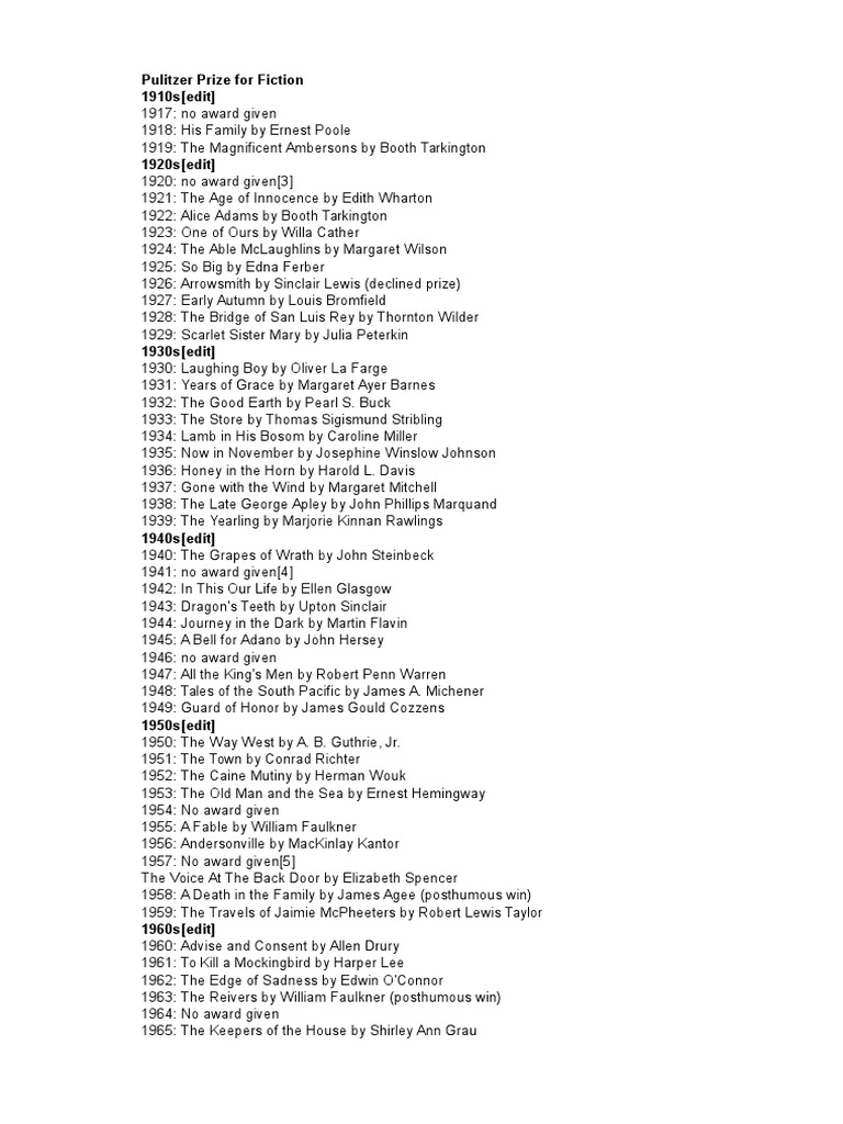 Pulitzer Prize For Fiction 1910s (Edit) | PDF | American Fiction ...