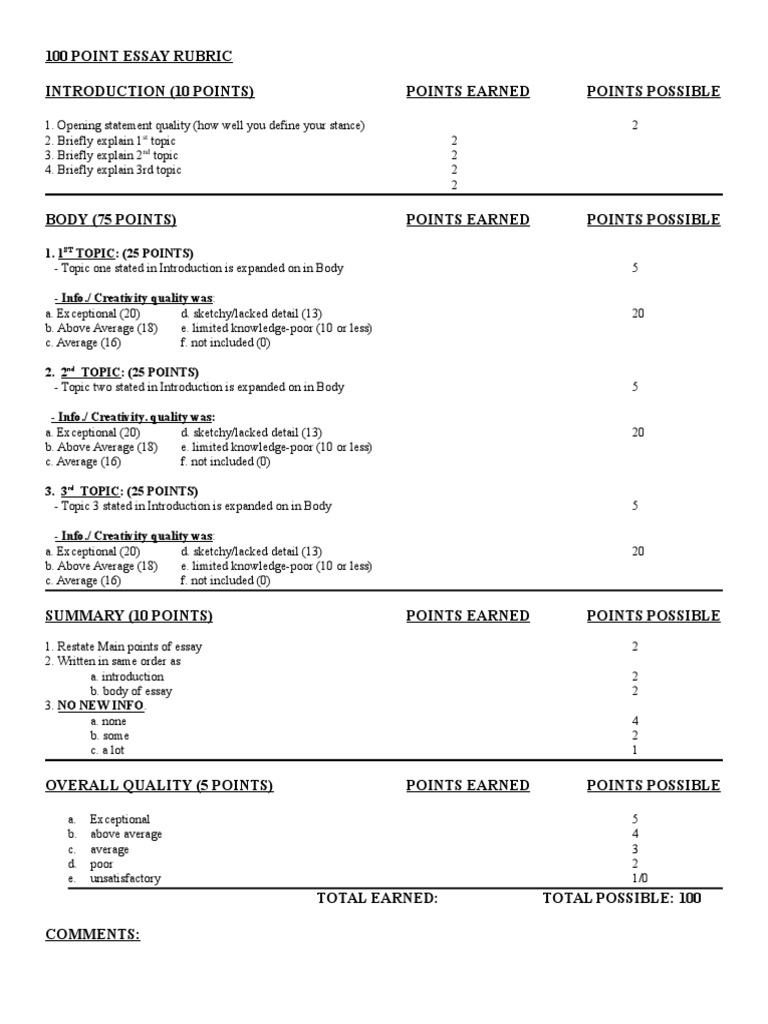 100 Point Essay Grading Rubric | PDF