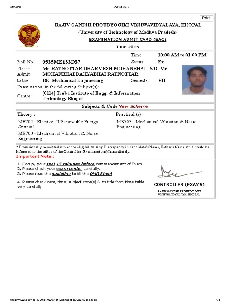 RGPV Exam Admit Card - June 2016 | PDF