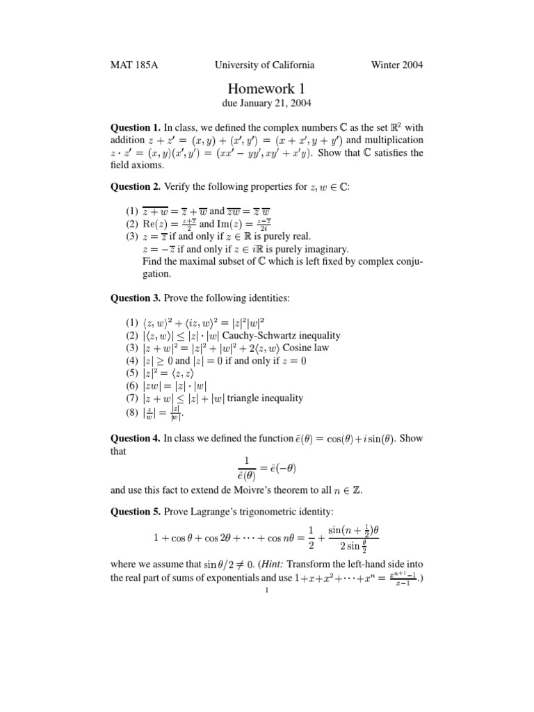 Homework 1: Question 1. in Class, We Defined The Complex Numbers | PDF ...