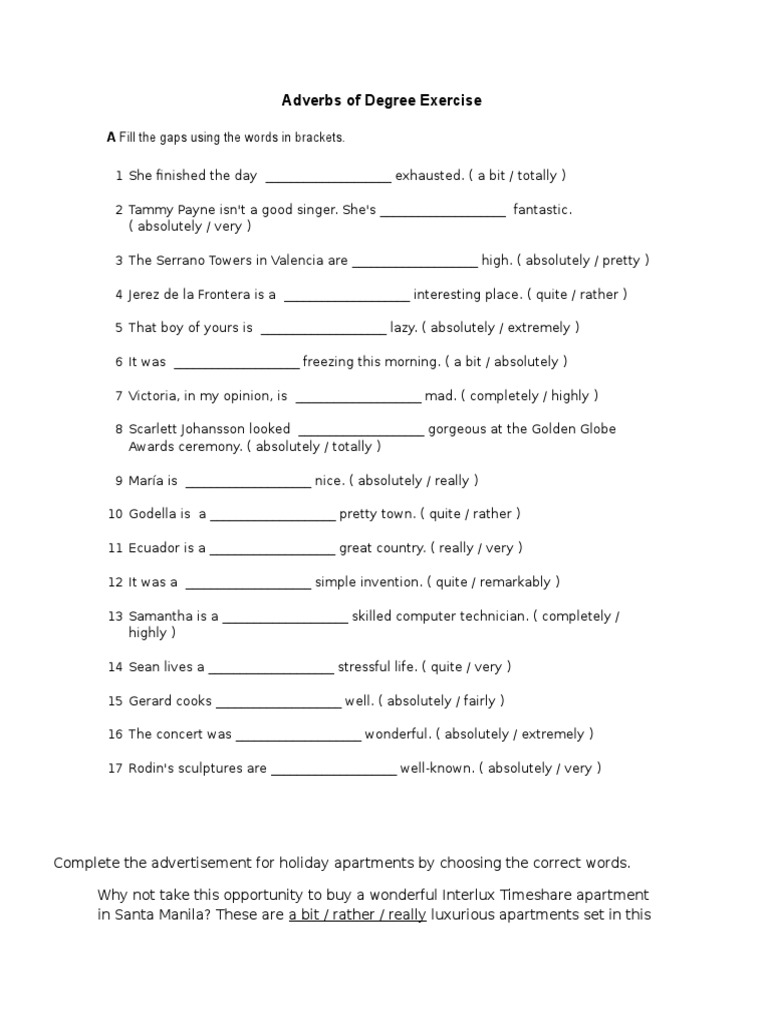 Adverbs of Degree Exercise | PDF | Home & Garden