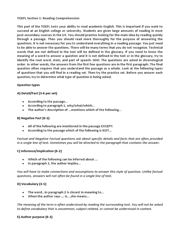 TOEFL Section 1: Reading Comprehension: Question Types A) Detail/Fact ...