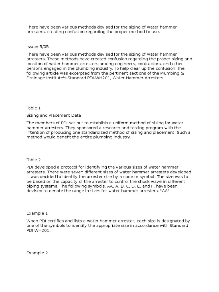 Standardizing the Sizing and Placement of Water Hammer Arresters: A ...