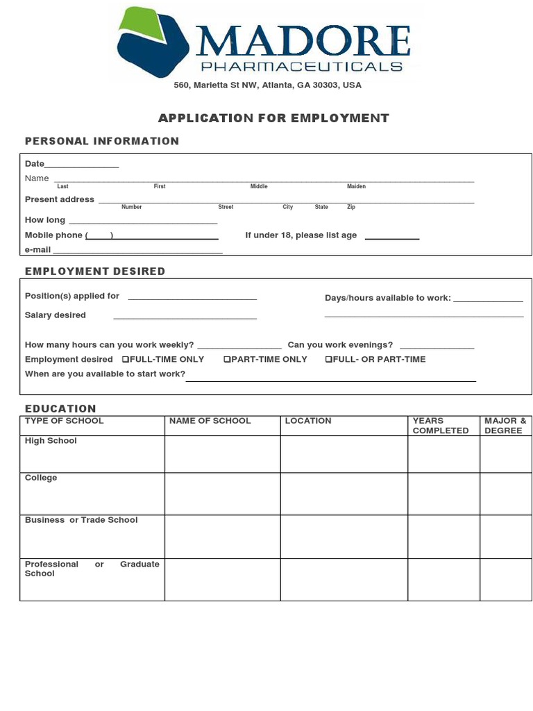 Madore Pharmaceuticals Application Form - Online Interview | PDF ...