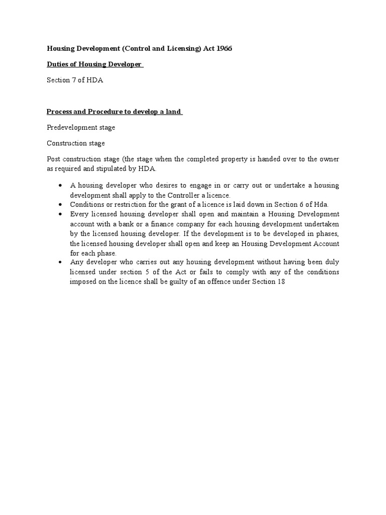 Housing Development (Control and Licensing) Act 1966 Duties of Housing ...