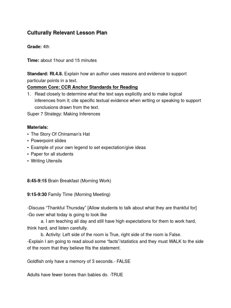 Culturally Relevant Lesson Plan | PDF | Inference | Cognition