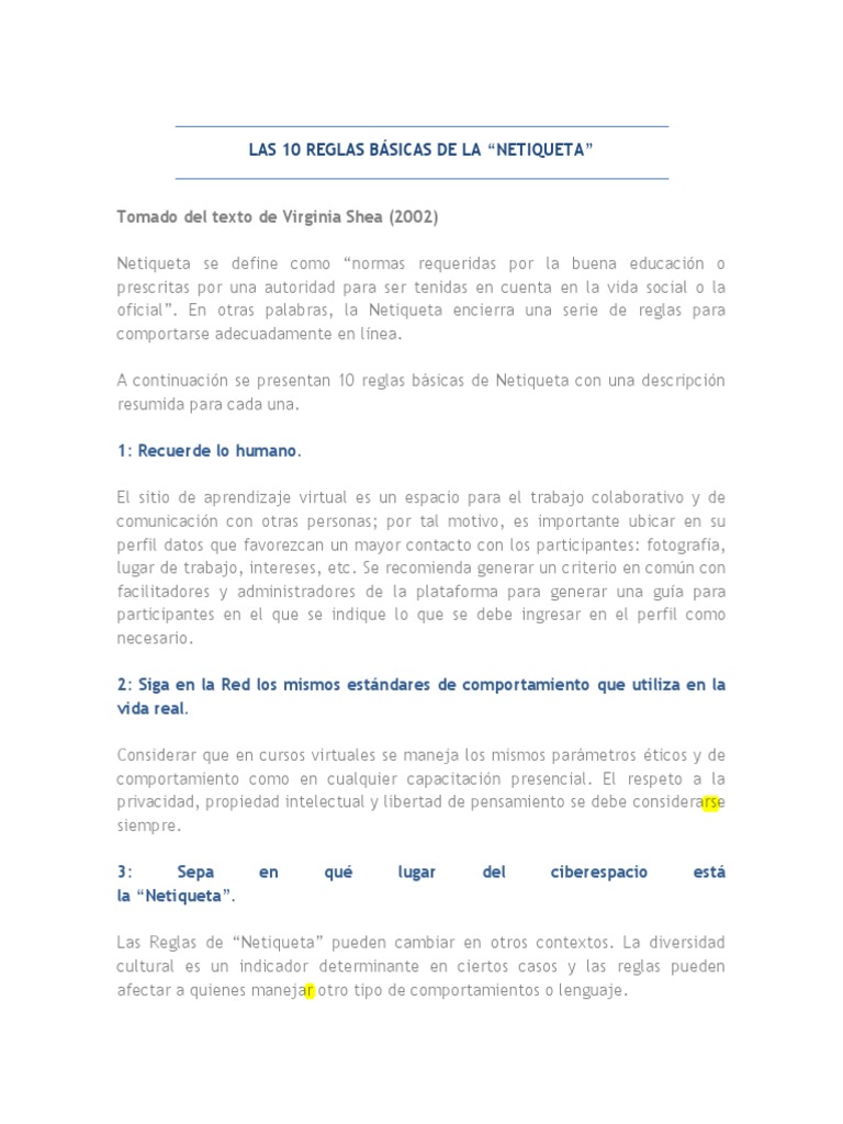 Las 10 Reglas Básicas de La Netiqueta | PDF | Internet | Comportamiento