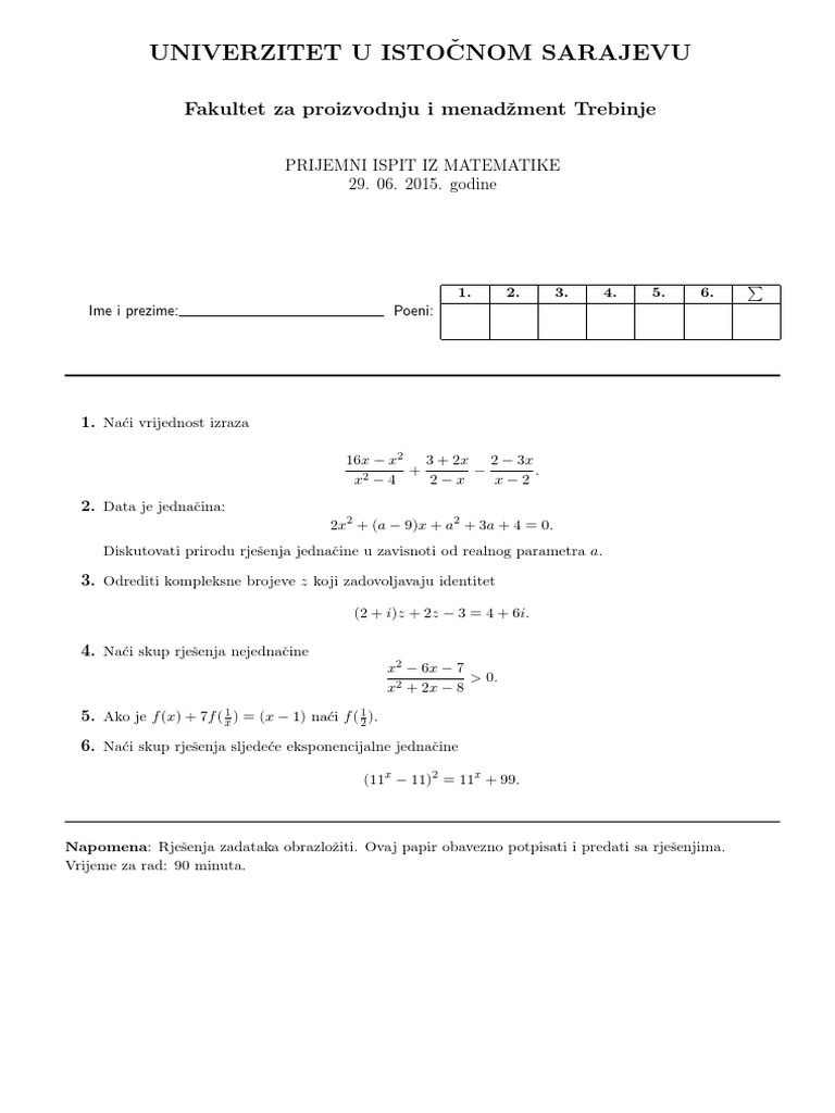 Primjer Prijemnog Ispita 1 | PDF