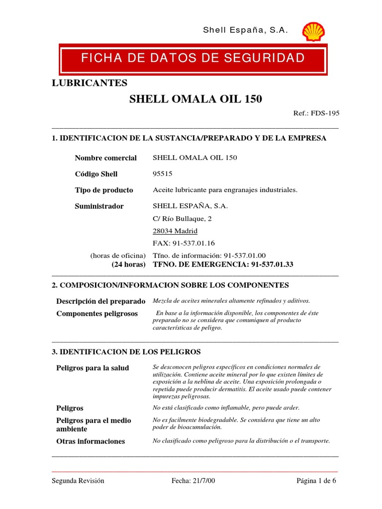 Ficha de datos de seguridad para el aceite lubricante industrial Shell Omala Oil 150 | PDF ...
