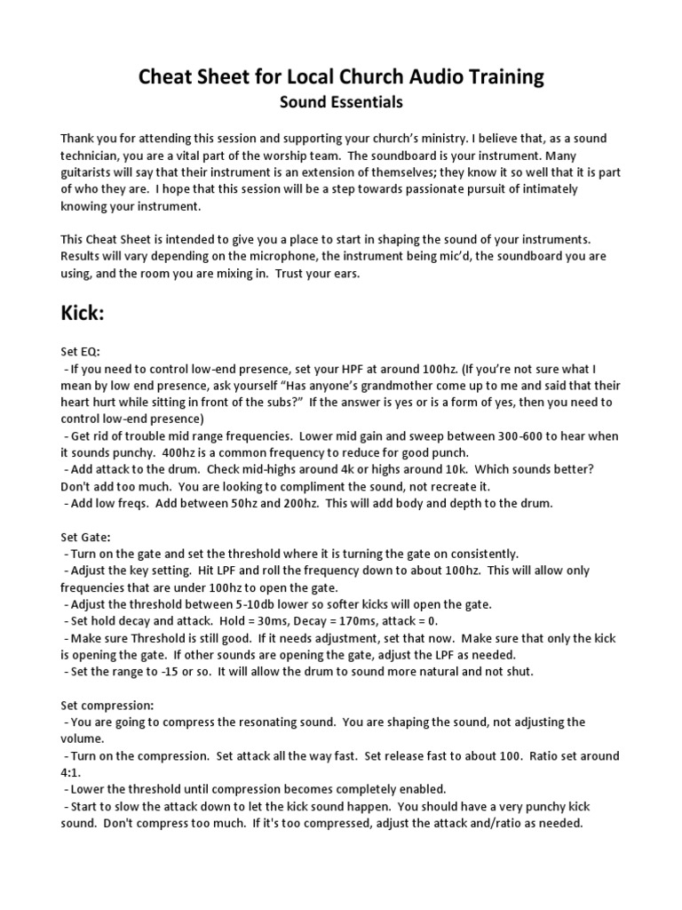 Church Audio Training Cheat Sheet | PDF | Hearing | Sound Production ...