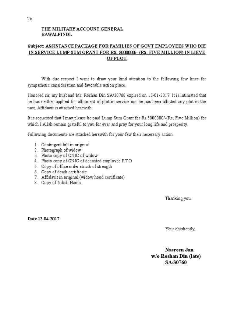 The Military Account General Rawalpindi. Subject: Assistance Package ...