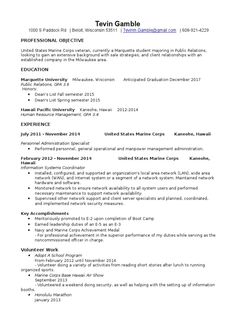 Marine Veteran & PR Student Resume | PDF