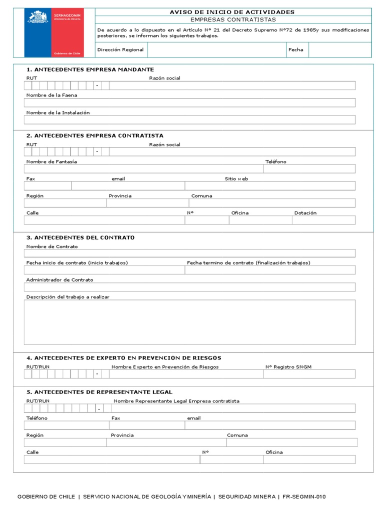 Formulario Inicio de Actividades Empresas Contratistas (FR SEGMIN 010 ...