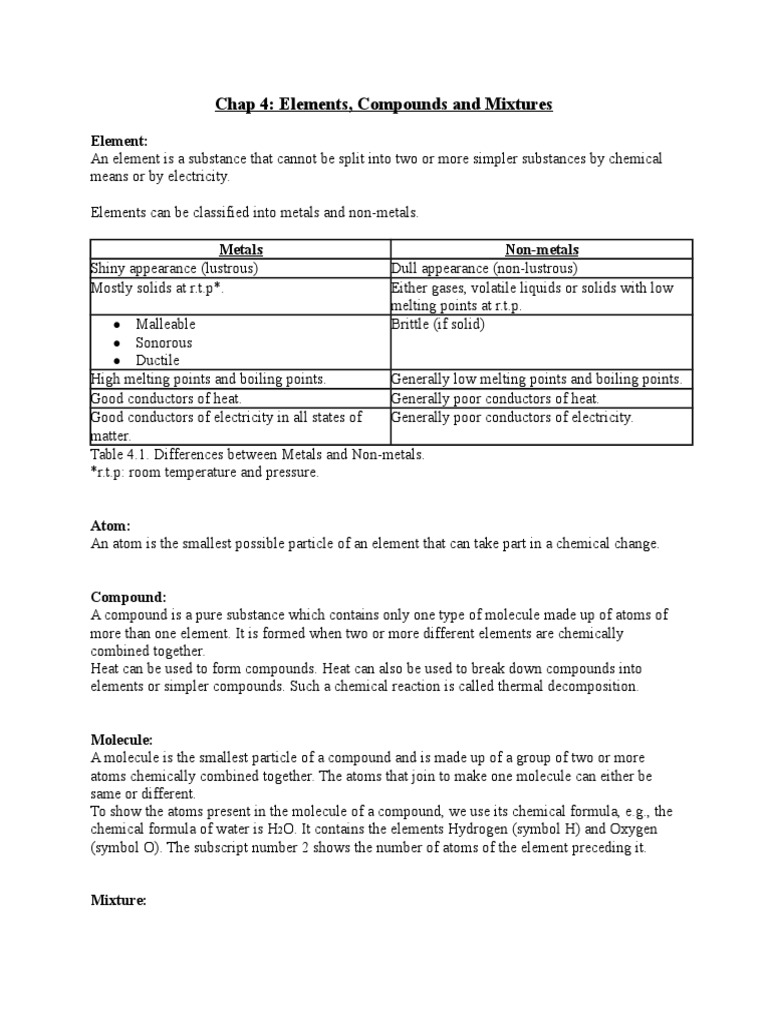 Chapter 4 - Elements, Compounds and Mixtures | PDF | Chemical ...