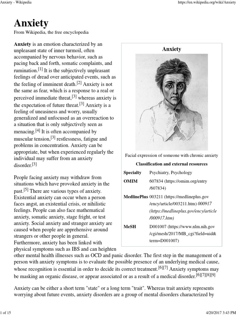 Anxiety - Wikipedia | PDF | Anxiety Disorder | Anxiety