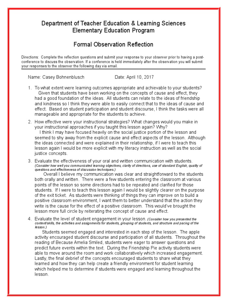 Completed Formal Observation Reflection | PDF | Classroom Management ...