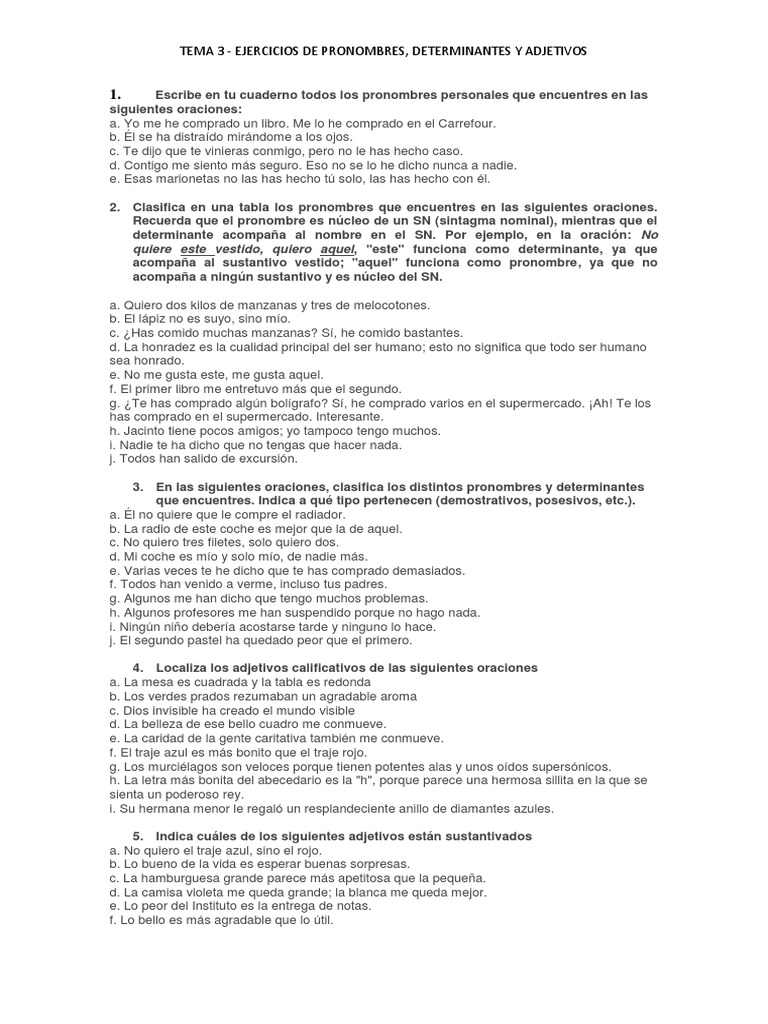 Ejercicios Pronombres, Determinantes y Adjetivos | PDF | Adjetivo ...