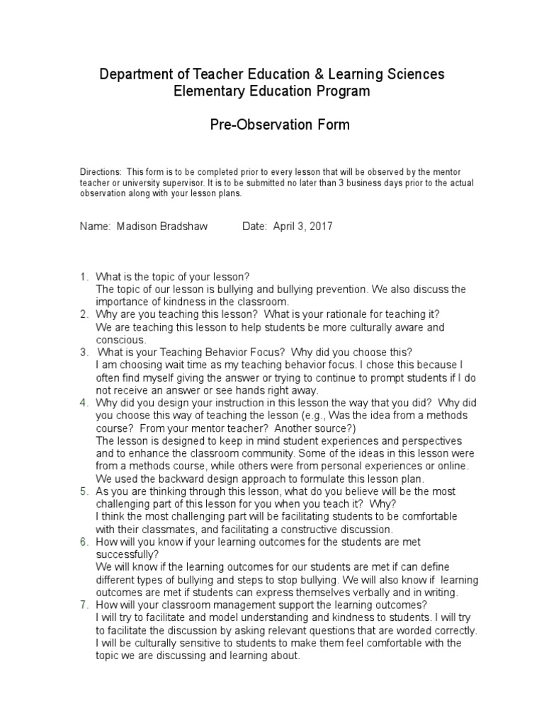 Preobservationform | PDF | Lesson Plan | Classroom