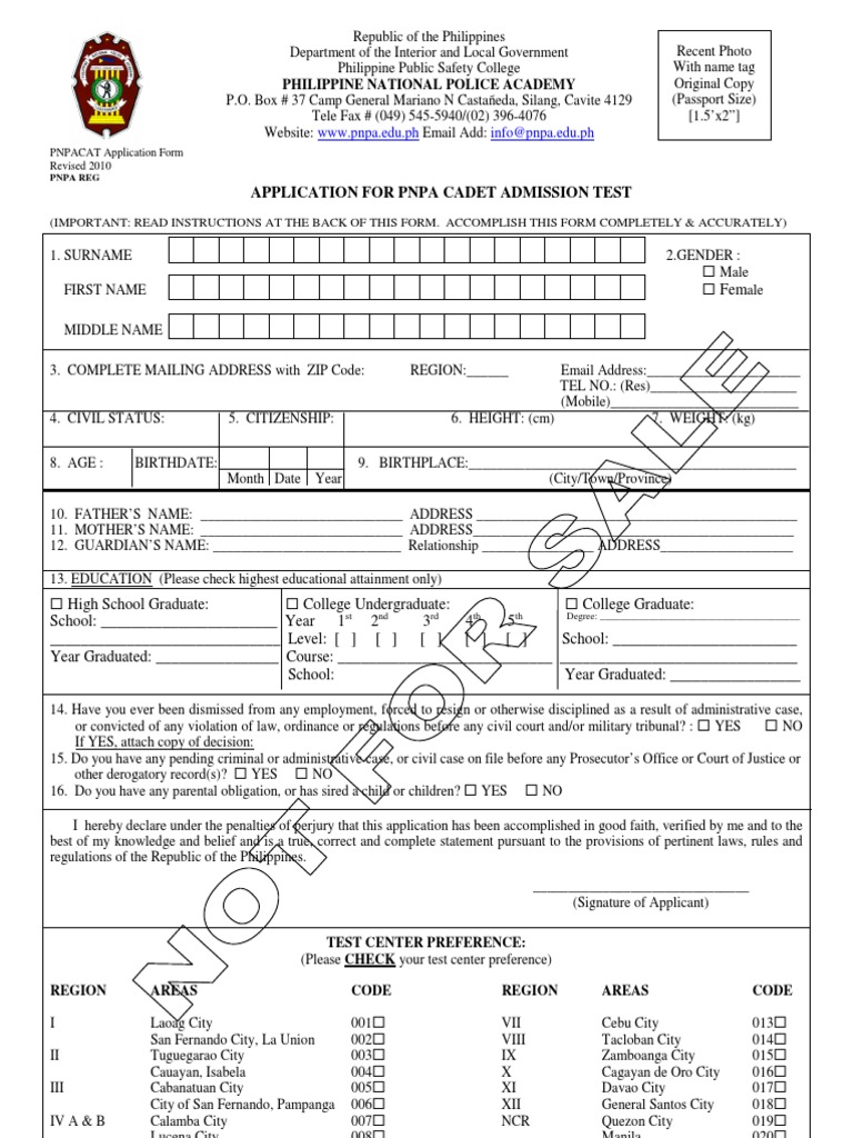 PNPA Application Form 2010 | Medical Specialties