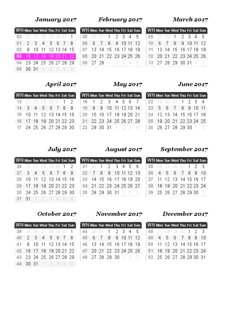 Monthly Calendar of Week Numbers for 2017 | PDF