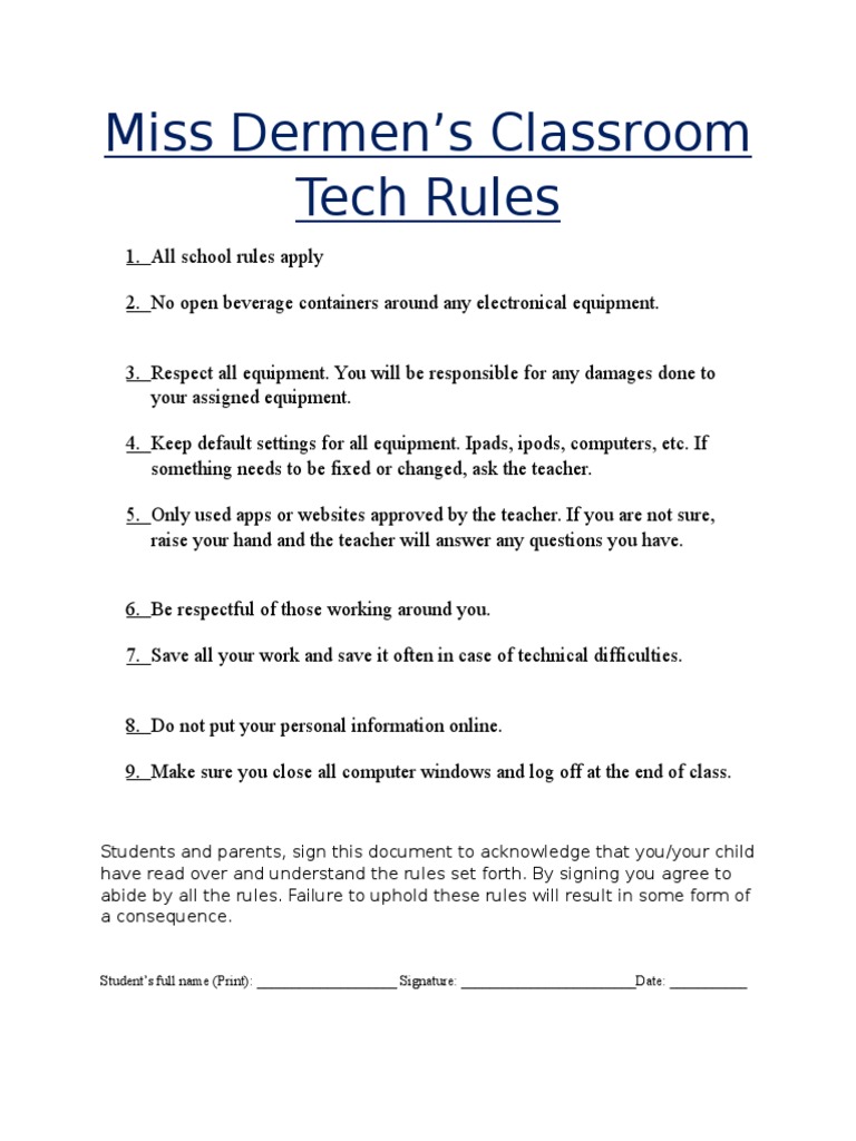 Tech Classroom Rules | PDF