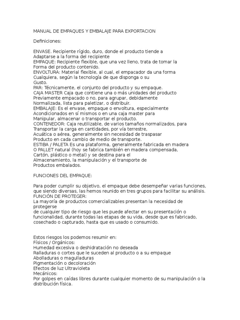 Manual De Empaques Y Embalaje Para Exportacion Ensayo Pdf