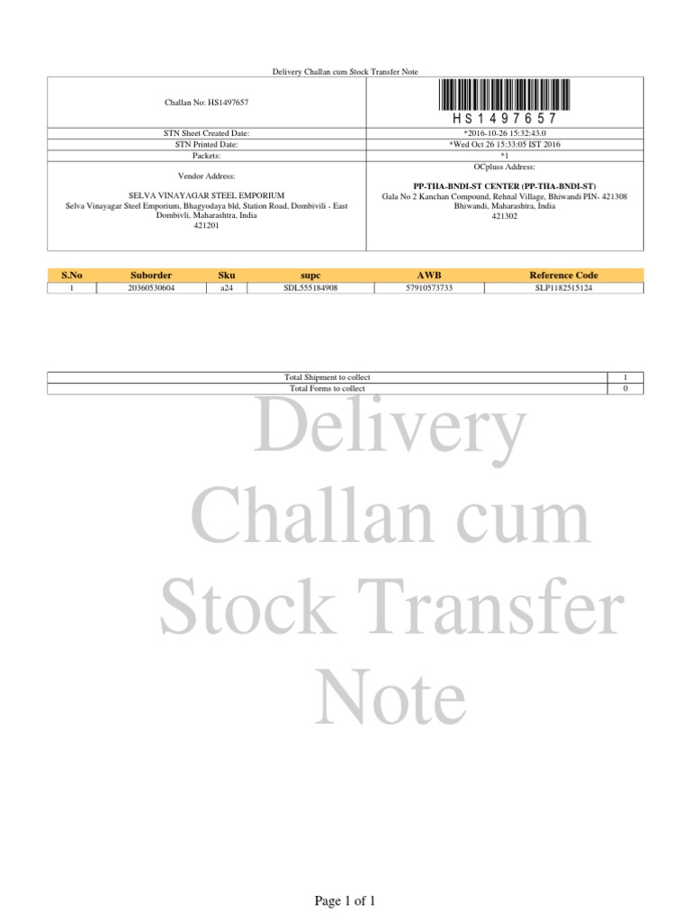 Delivery Challan Cum Stock Transfer Note: S.No Suborder Sku Supc AWB ...