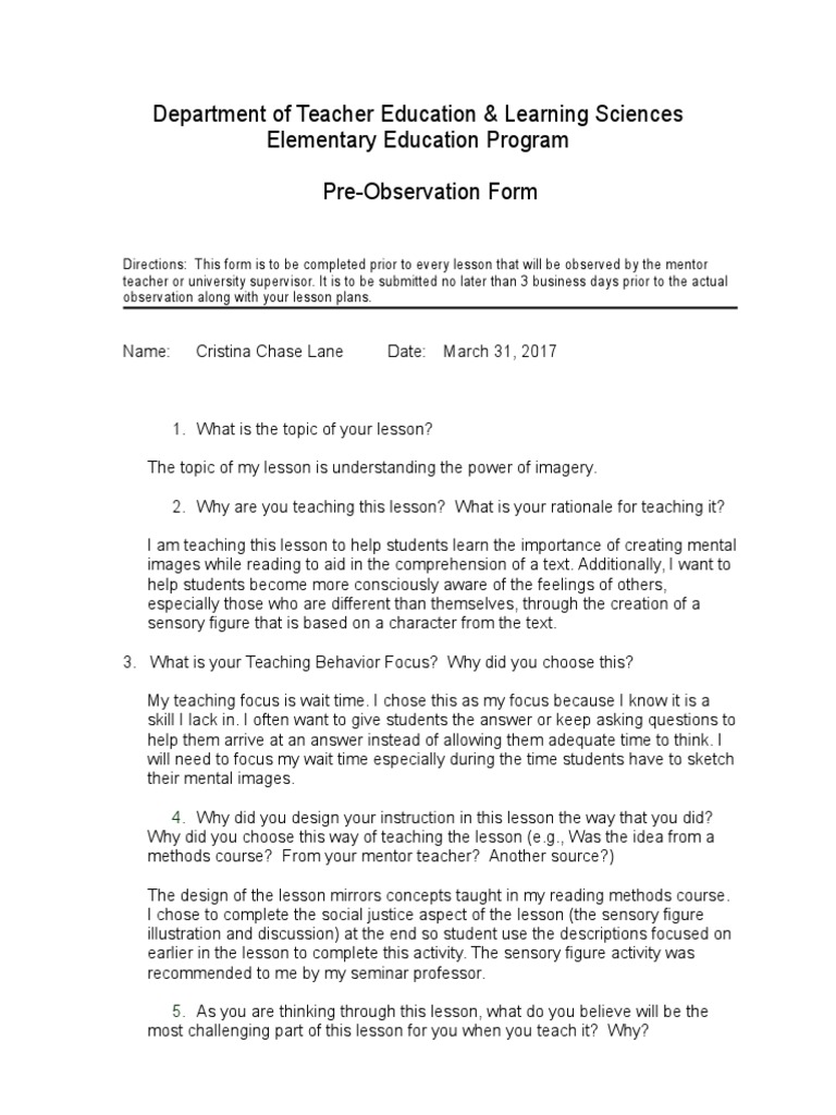 Department of Teacher Education & Learning Sciences Elementary ...