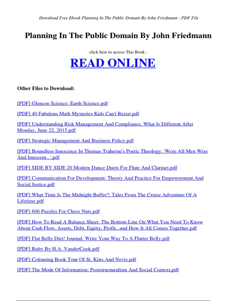 Planning in The Public Domain by John Friedmann PDF | PDF | Science ...