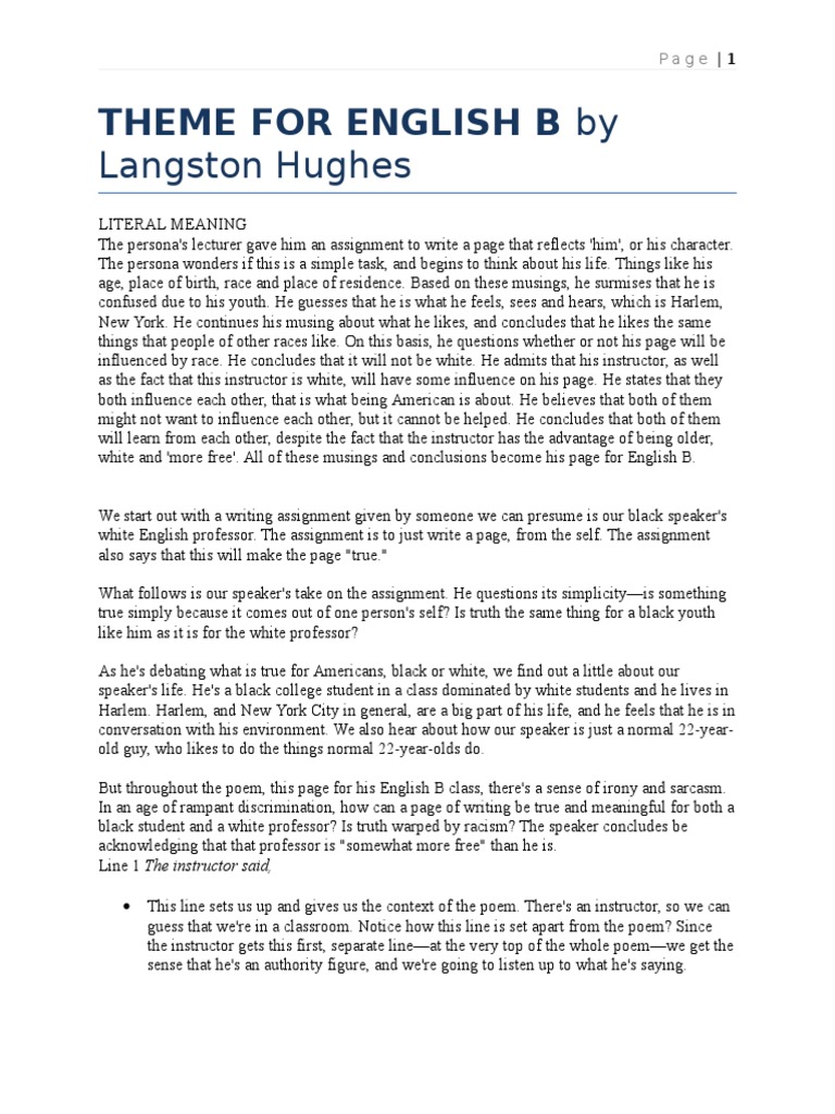 Theme For English B by Langston Hughes | PDF | Race And Ethnicity In ...