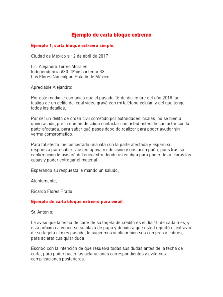 Ejemplo de Carta Bloque Extremo | PDF