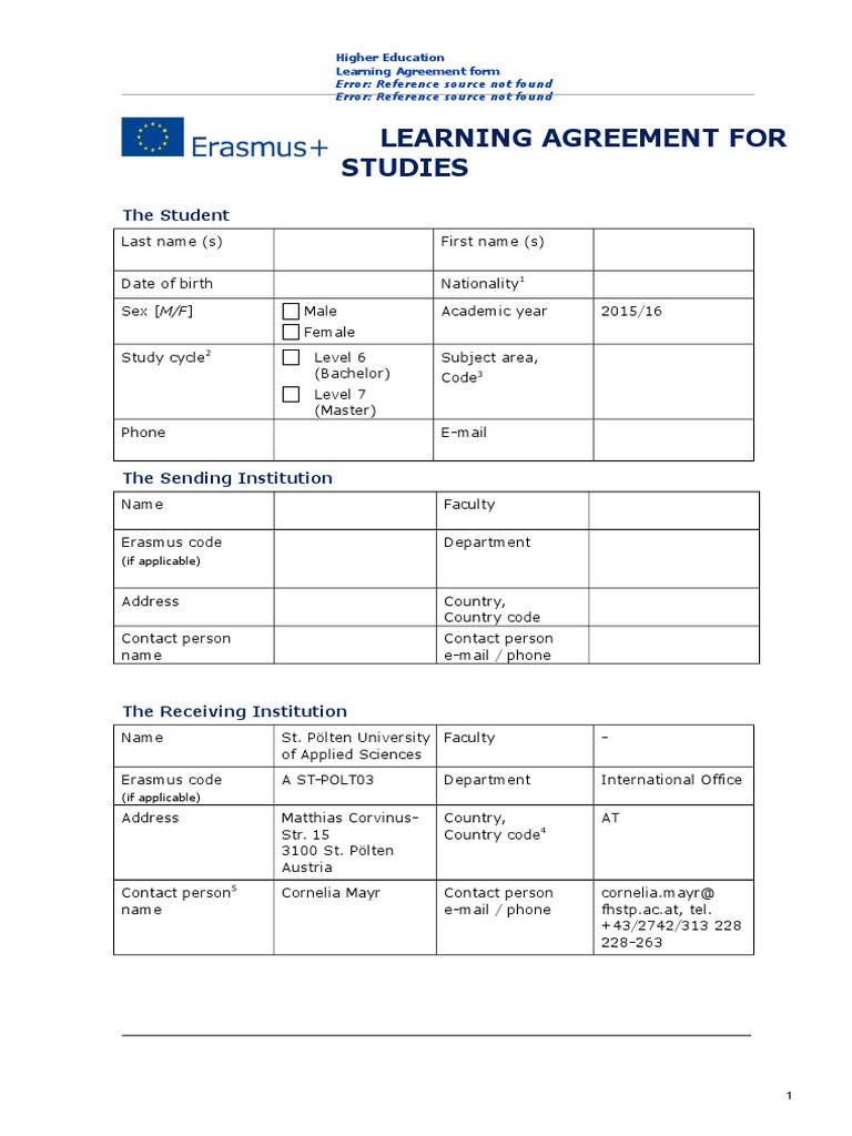 Erasmus Learning Agreement Form | PDF | Students | Academic Term