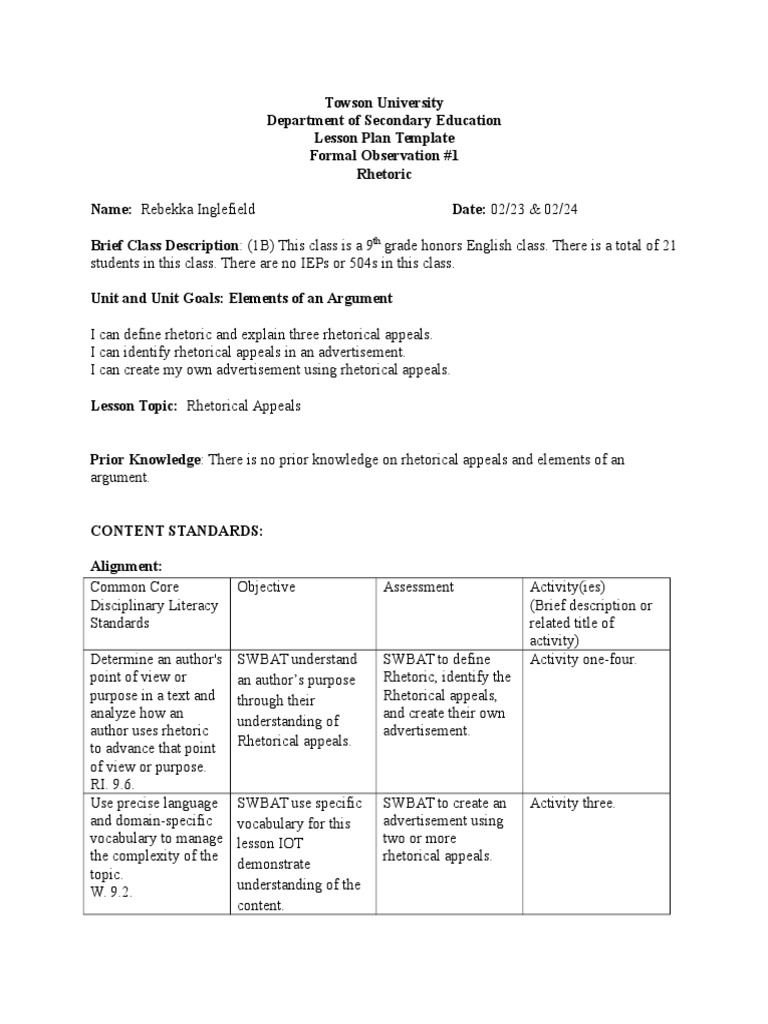 Lesson Plan - Rhetoric | PDF | Rhetoric | Lesson Plan