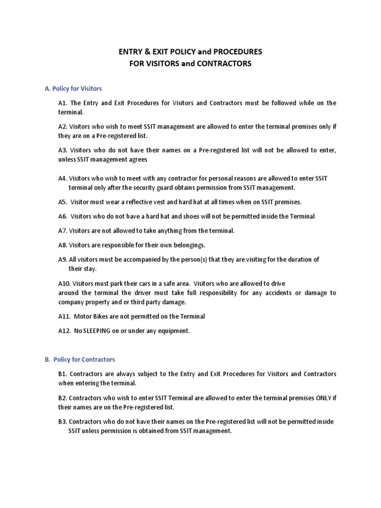Visitor Contractor Entry Exit Policy | PDF | Identity Document | Transport