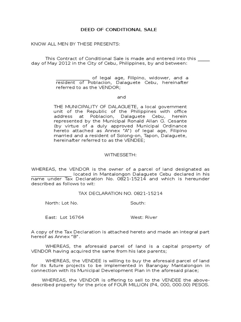 Deed of Conditional Sale-1 | PDF | Deed | Government