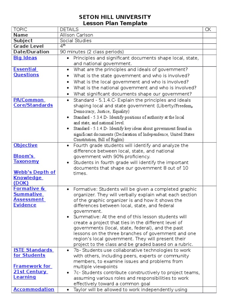 Seton Hill University Lesson Plan Template: Name Subject Grade Level ...
