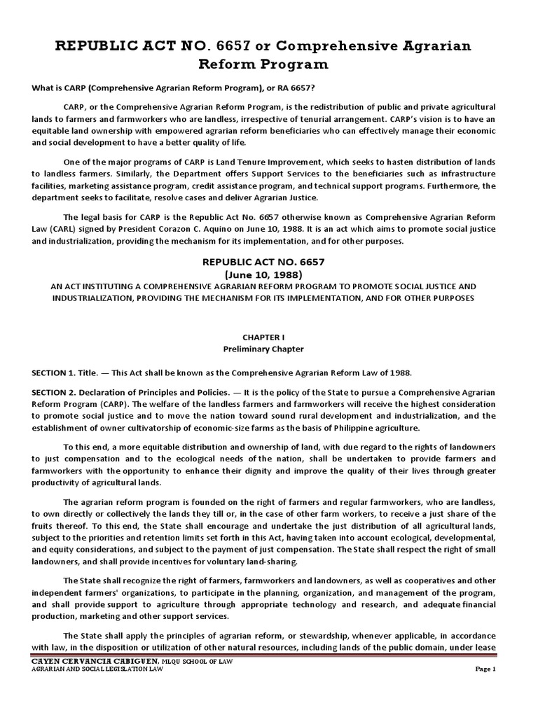 REPUBLIC ACT NO. 6657 or Comprehensive Agrarian Reform Program | PDF ...