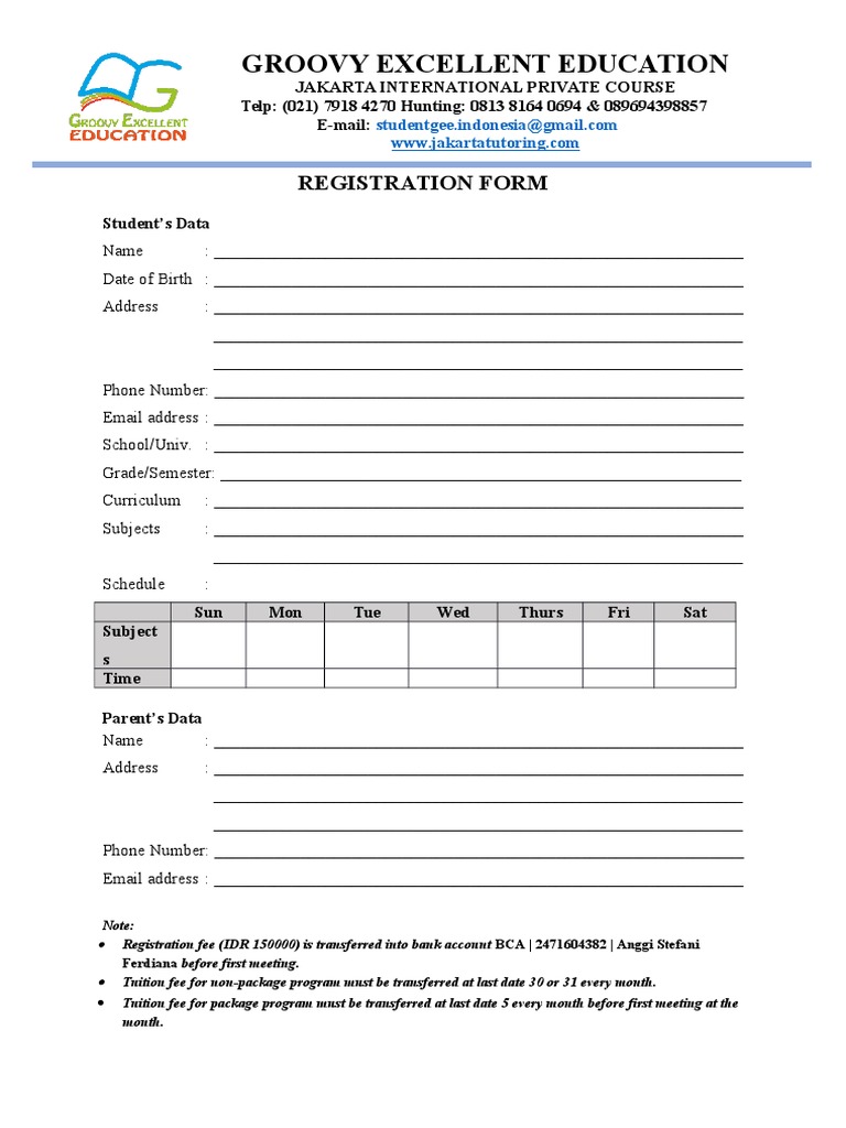 Groovy Excellent Education: Registration Form | PDF