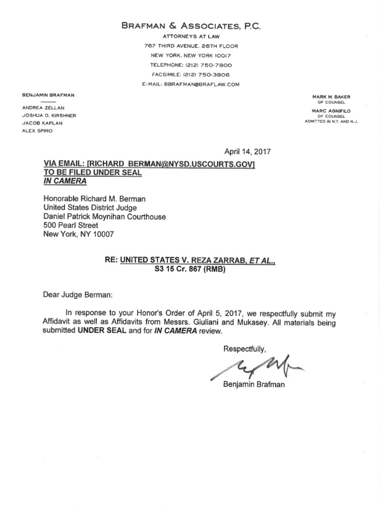 Giuliani Mukasey Memo To Federal Court Re: Turkey - Reza Zarrab | PDF