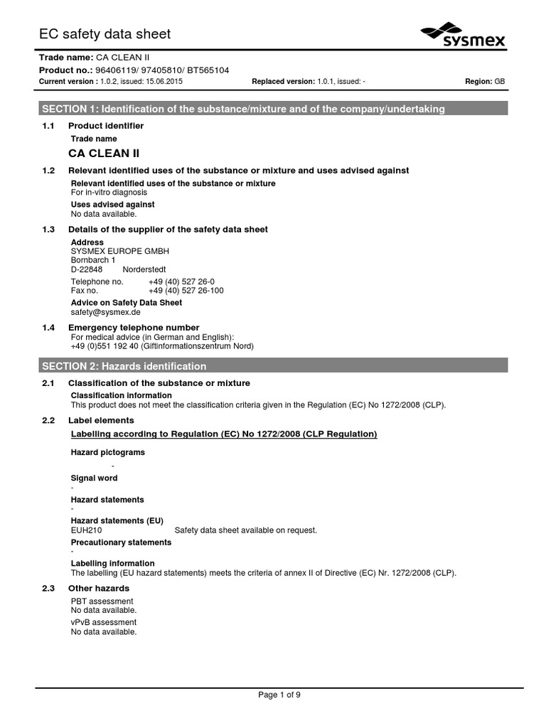 CA CLEAN II_643557_GB_EN_V-1.0.2_SDB | Toxicity | Personal Protective ...