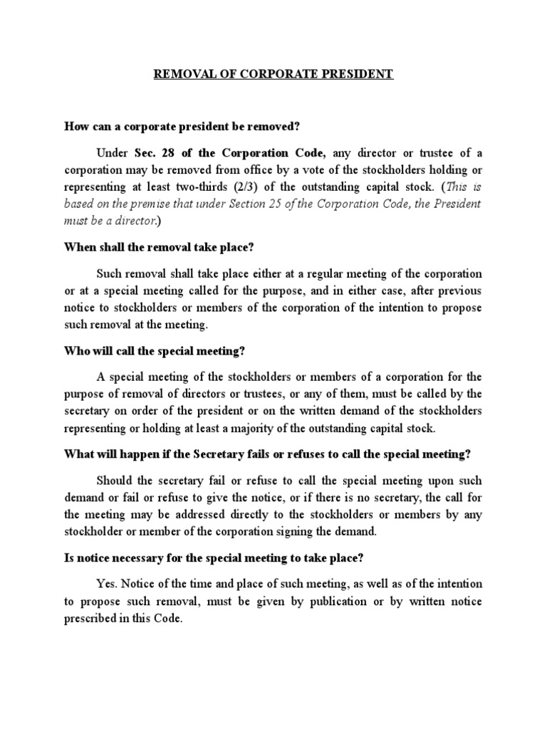 Removal of Corporate President | PDF