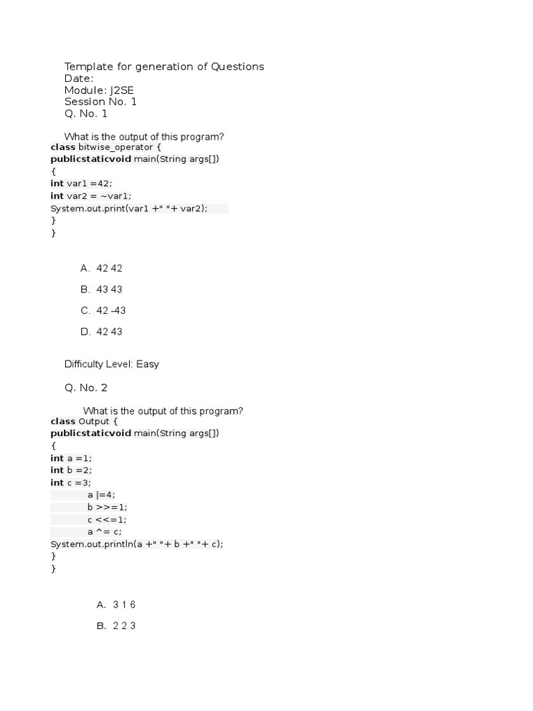 Template For Generation of Questions Date: Module: J2SE Session No. 1 Q. No. 1 | PDF | Method ...