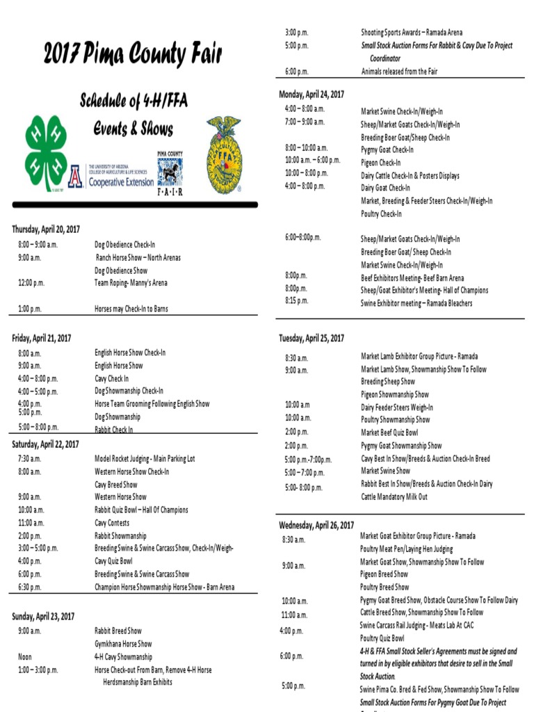 201 Pima County Fair: Schedule of 4-H/FFA Events & Shows | PDF | Goat ...
