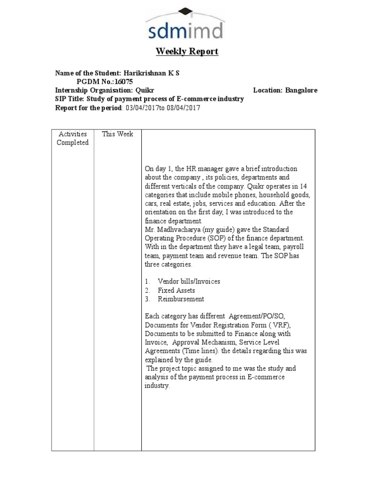 SIP Weekly Report Format | PDF | Invoice | Economies